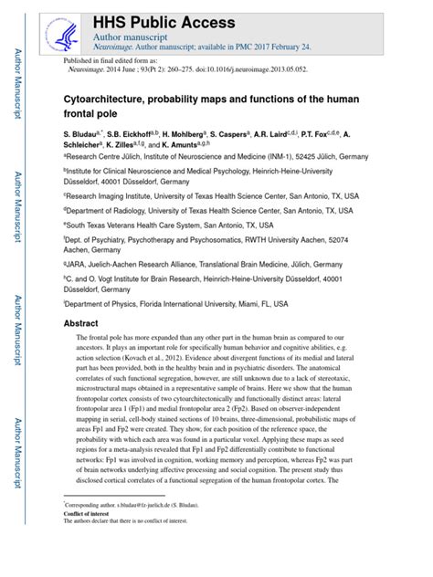 Cytoarchitecture Probability Maps And Functions Of The Human Frontal Pole Pdf Cerebral