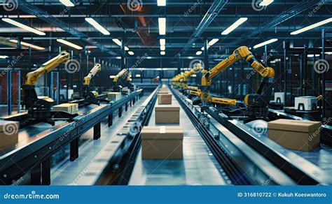 Automated Warehouse With Robotic Arms Sorting Packages Stock