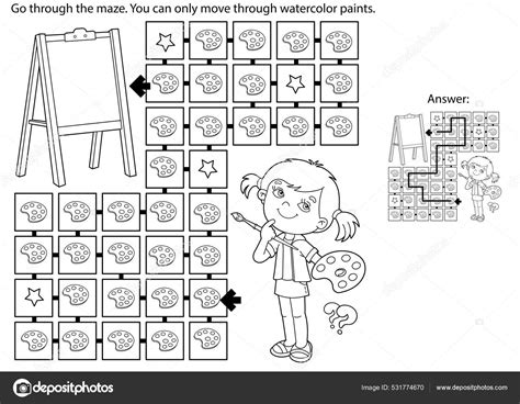 Мэйз Лабиринт Гейм Головоломка Окраска Страницы Контур Рисунка Девушки Кистью Стоковый вектор
