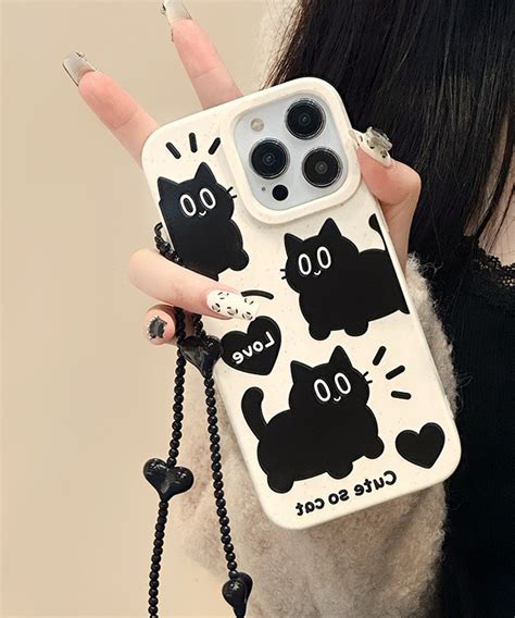 핑크리어카 귀여운 아이폰 블랙 큐트 고양이 스트랩 실리콘 젤리 특이한 키치 심플 우정 친구 핸드폰줄 핸드폰 휴대폰 애플 폰 케이스 아이폰케이스 11 프로 12 13 미니