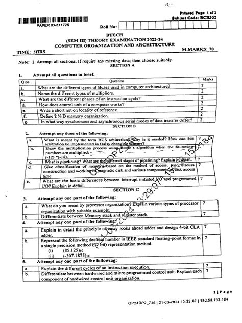 Btech Cs 3 Sem Computer Organization And Architecture Bcs302 2024 Pdf