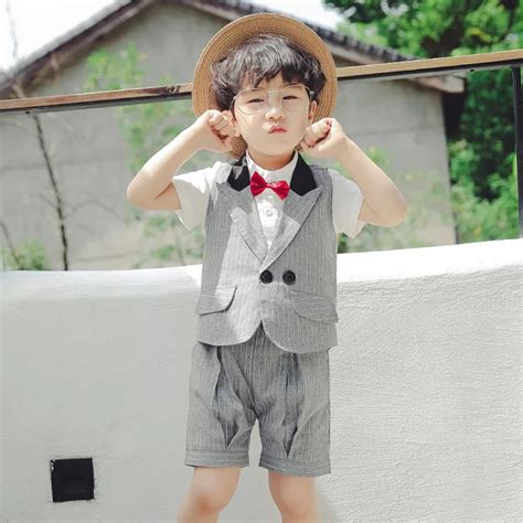어린이 의류 세트 여름 정장 양복 소년 정장 화이트 셔츠 스트라이프 조끼 반바지 3 Pcs 파티 결혼식 세트 블랙그레이 S86404a의류세트 Aliexpress
