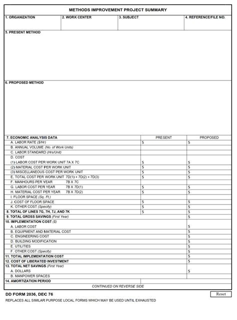 Dd Form 2036 Methods Improvement Project Summary Dd Forms