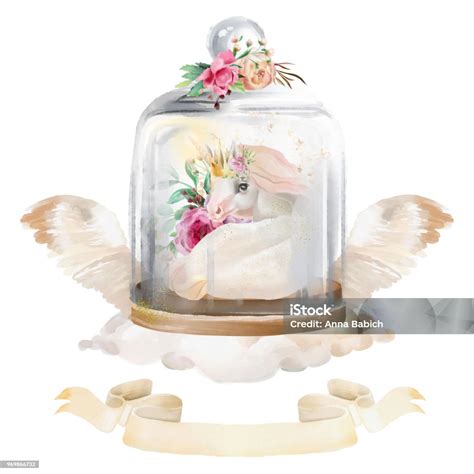 아름 다운 유니콘 골드 크라운에 마법의 말과 날개 솜 털 구름과 골동품 리본 판타지 유리 메이슨 항아리에 꽃 0명에 대한 스톡 벡터 아트 및 기타 이미지 Istock