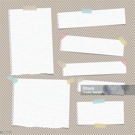 흰색 지배 줄 지어 찢어진 노트 카피 북 갈색 사각형 배경에 화려한 끈적 끈적한 점착 테이프붙어 노트북 종이 스트립 0명에 대한