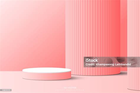 호화스러운 3d 백색 분홍색 실린더 연단 받침대는 거대한 기둥 또는 극 배경으로 현실적이다 제품 전시 또는 모형을 위한 최소한의