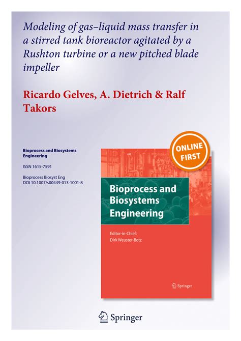 Pdf Modeling Of Gas Liquid Mass Transfer In A Stirred Tank Bioreactor Agitated By A Rushton
