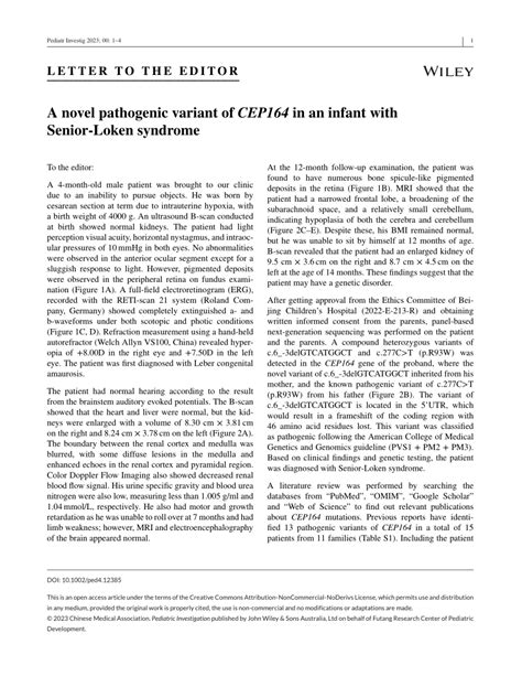 Pdf A Novel Pathogenic Variant Of Cep164 In An Infant With Senior