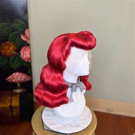 Ruby Red Pinup Wig With Bumper Bangs 1940s Vintage Hairstyle Etsy