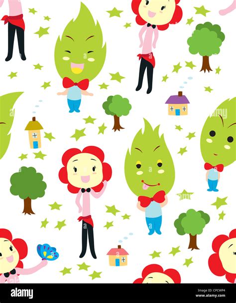 A Seamless Pattern Of Flowers And Grass Character With Houses Tree And