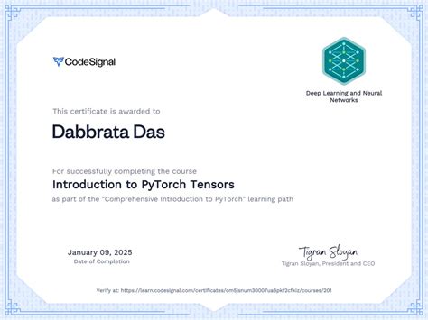 Dabbrata Das on LinkedIn: Course certificate for Introduction to PyTorch Tensors