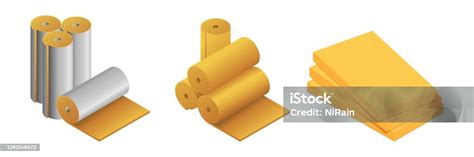 흰색 배경에 격리 된 열 냉간 보호를위한 등색 벡터 일러스트 절연 재료 세트 미네랄 울 폴리스티렌 폼 플랫 만화 스타일의 록 울