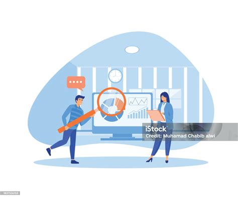 돋보기를 든 남자와 여자가 그래프와 차트를 봅니다 통계 및 마케팅 조사 분석 부서와 함께 일하십시오 플랫 벡터 현대 일러스트