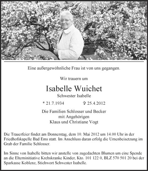Traueranzeigen Von Isabelle Wuichet Rz Trauer De
