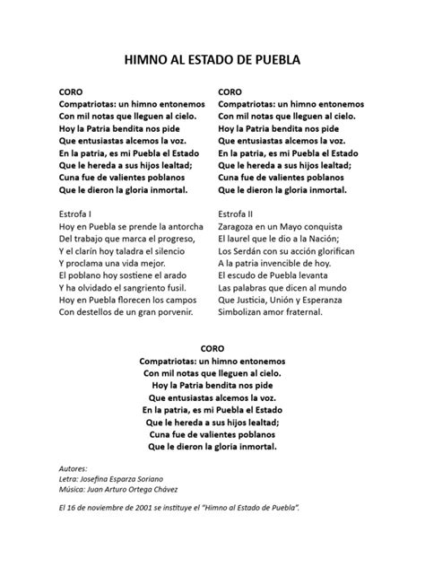 Himno Al Estado De Puebla Letra Y Música Pdf