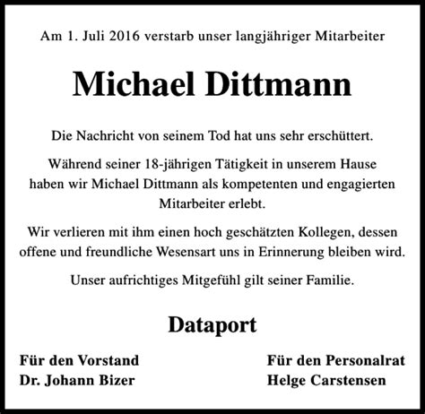 Traueranzeigen Von Michael Dittmann Trauer Anzeigende