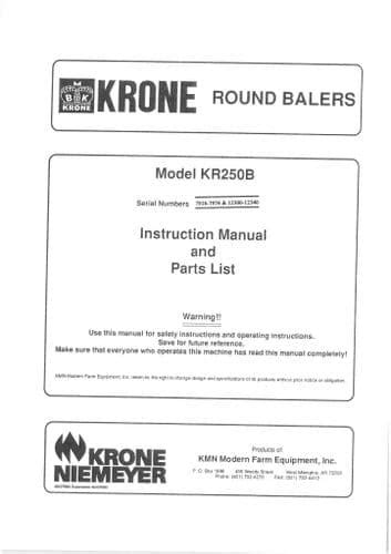 Krone Niemeyer Baler Kr250b Operators Manual And Parts List Kr 250b