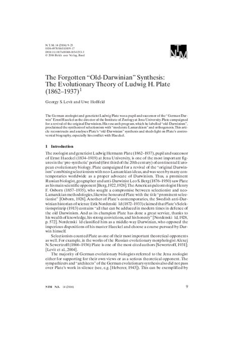 Pdf The Forgotten Old Darwinian” Synthesis The Evolutionary Theory Of Ludwig H Plate 1862