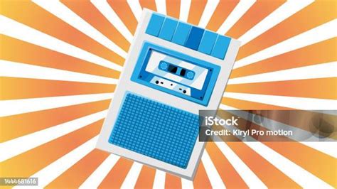 태양의 주황색 광선을 배경으로 70 년대 80 년대 90 년대의 음성 녹음을위한 음악 오디오 테이프 카세트가있는 오래된 복고풍 빈티지 힙 스터 음성 녹음기 벡터 그림 개성