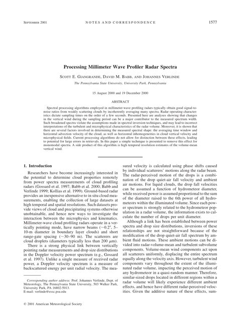 Pdf Processing Millimeter Wave Profiler Radar Spectra