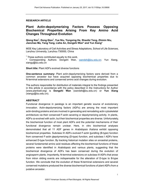 Pdf Plant Actin Depolymerizing Factors Possess Opposing Biochemical
