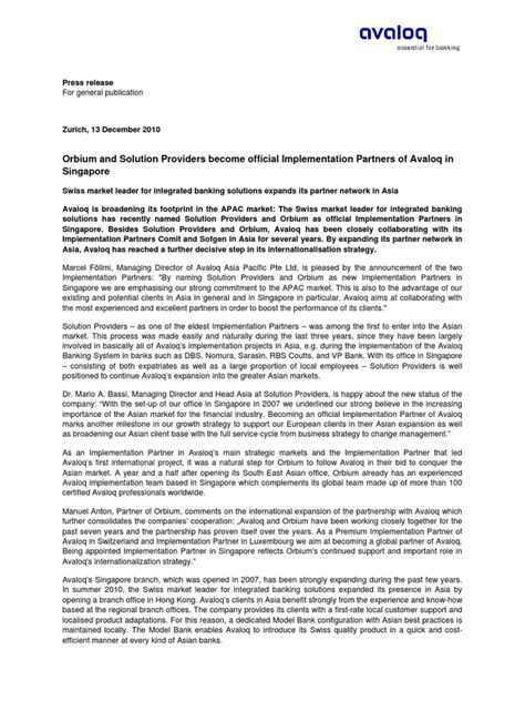 Avaloq Singapore Partners Pdf Banks Strategic Management