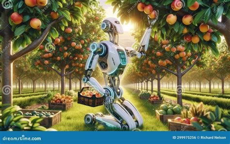 Robot Harvesting Peaches In Orchard Stock Illustration Illustration Of Robot Futuristic