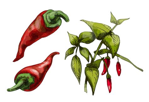 Premium Vector Branch Of Chilli With Leaf And Pepper Vintage Vector
