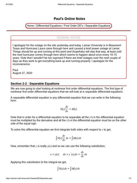 Week 014 Differential Equations Separable Equations Pdf Equations