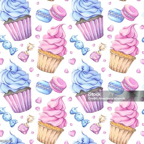 케이크를 특징으로하는 완벽 한 수채화 패턴 파란색과 분홍색 프로스팅을 곁들인 컵케이크 마카롱 사탕 달콤하고 장난기 넘치는 터치로 포장 직물 및 인사말 카드에 적합합니다 거품
