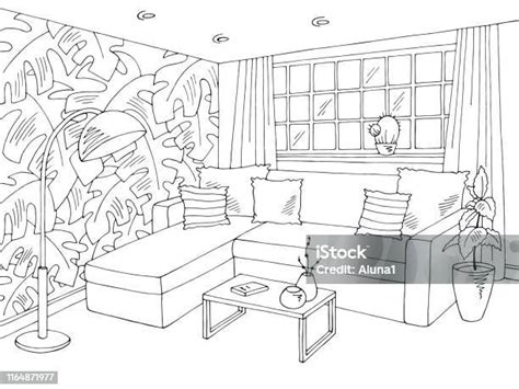 거실 그래픽 블랙 화이트 홈 인테리어 스케치 일러스트 벡터 0명에 대한 스톡 벡터 아트 및 기타 이미지 0명 가구 가정의 방 Istock