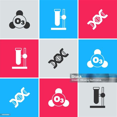 오존 시험관 플라스크 스탠드 및 Dna 기호 아이콘을 설정합니다 벡터 건강 진단에 대한 스톡 벡터 아트 및 기타 이미지 건강