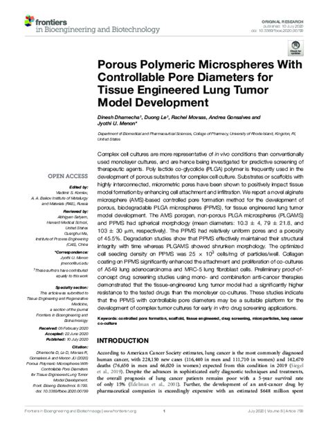 Pdf Porous Polymeric Microspheres With Controllable Pore Diameters For Tissue Engineered Lung