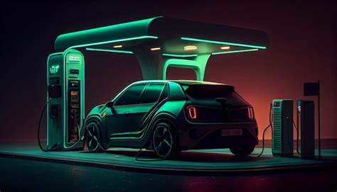 스테이션 그림에서 충전 중인 전기 자동차 배터리를 충전하는 녹색 네온 빛나는 Ev 차량 현대 하이브리드 프리미엄 사진