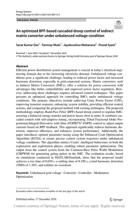 An Optimized Bpf Based Cascaded Droop Control Of Indirect Matrix Converter Under Unbalanced