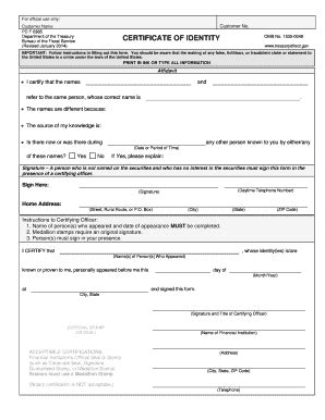 Fillable Online Treasurydirect CERTIFICATE OF IDENTITY Treasurydirect Fax Email Print PdfFiller