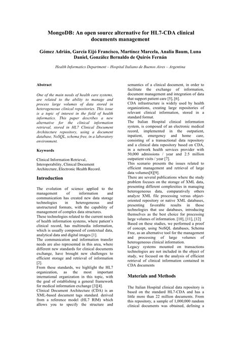 Pdf Mongodb An Open Source Alternative For Hl7 Cda Clinical