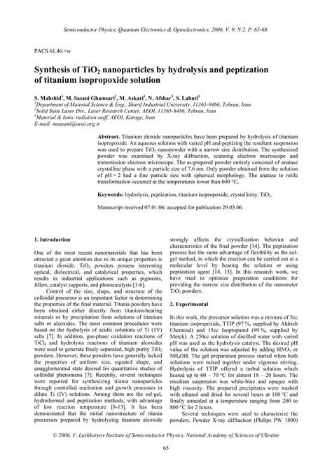 Synthesis Of Tio2 Nanoparticles By Hydrolysis And Peptization Of