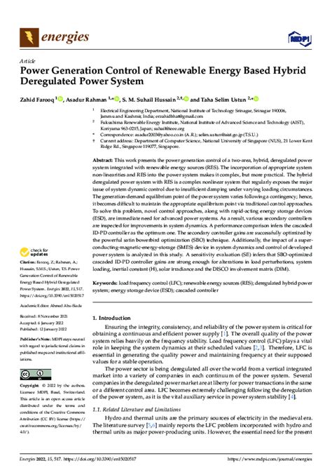 Pdf Power Generation Control Of Renewable Energy Based Hybrid Deregulated Power System