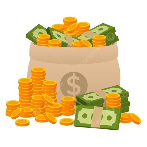 Montón De Billetes De Dólar Y Monedas En Un Saco Con Mucho Dinero Png