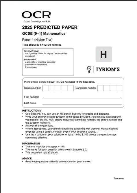 Ocr Gcse Mathematics Higher 2025 Predicted Papers J560 Tyrions