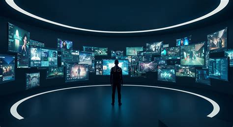 Data Visionary Man Surrounded By Screens In Futuristic Tech Hub Analyzing Information