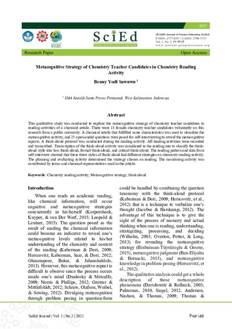 Pdf Metacognitive Strategy Of Chemistry Teacher Candidates In Chemistry Reading Activity