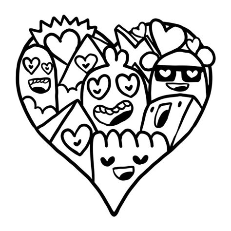 심장 낙서 귀여운 발렌타인 색칠 페이지 프리미엄 벡터
