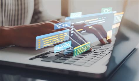 Software Developer Work With Coding Overlays Of Programming Languages Eide Stock Image Image