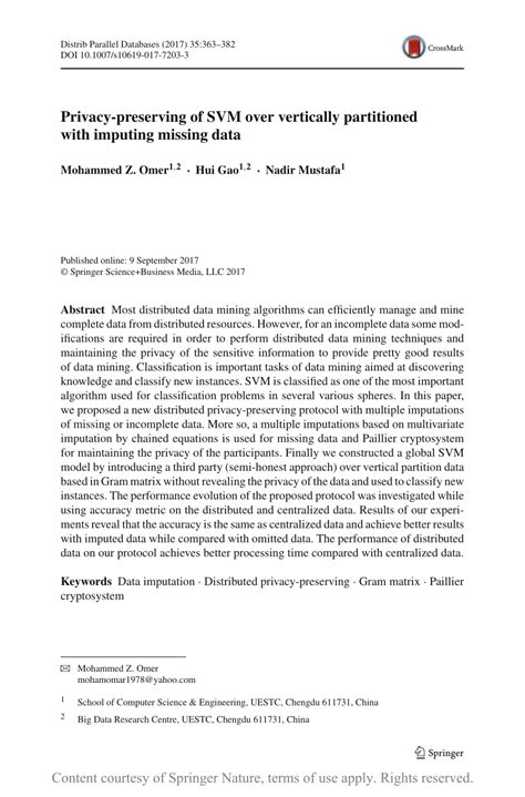 Privacy Preserving Of Svm Over Vertically Partitioned With Imputing