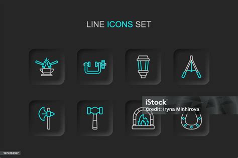 세트 라인 말굽 대장장이 오븐 망치 중세 도끼 송풍기 벨로우즈 정원 조명 램프 클램프 및 나사 도구 및 모루 망치 아이콘 벡터 가죽에 대한 스톡 벡터 아트 및 기타 이미지