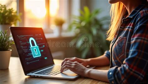 Woman Focuses On Data Protection On Laptop Sunset Light Shines On Work Area Digital Lock