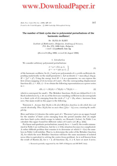 Pdf The Number Of Limit Cycles Due To Polynomial Perturbations Of The