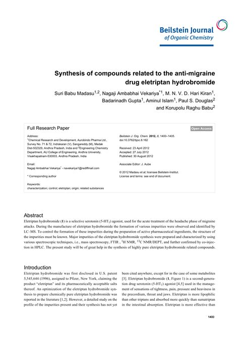 Pdf Synthesis Of Compounds Related To The Anti Migraine Drug Eletriptan Hydrobromide